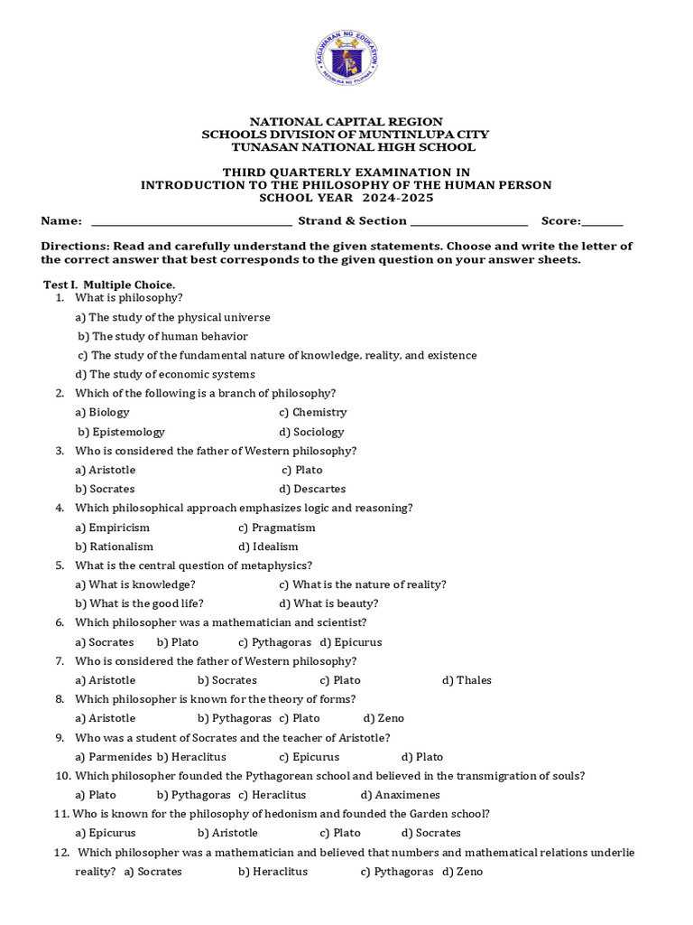 Third Quarter Exam: Philosophy Basics | PDF | Plato | Western Philosophy