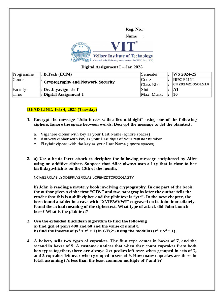 WS 2025 Digital Assignment I-A1 | PDF | Cipher | Applied Mathematics