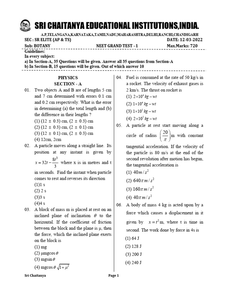 Sri Chaitanya SEVEN NEET Grand Test Papers With Key | PDF | Force ...