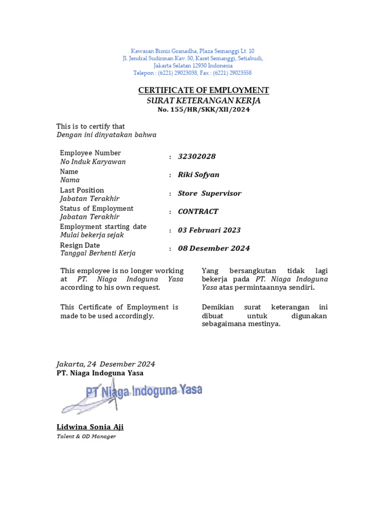 Surat Keterangan Kerja Riki Sofyan | PDF