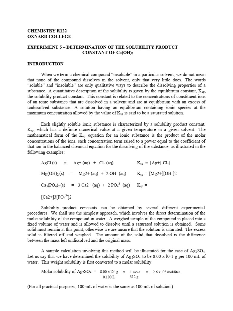 Solubility Product of Ca(OH)2 Experiment | PDF | Solubility | Mole (Unit)
