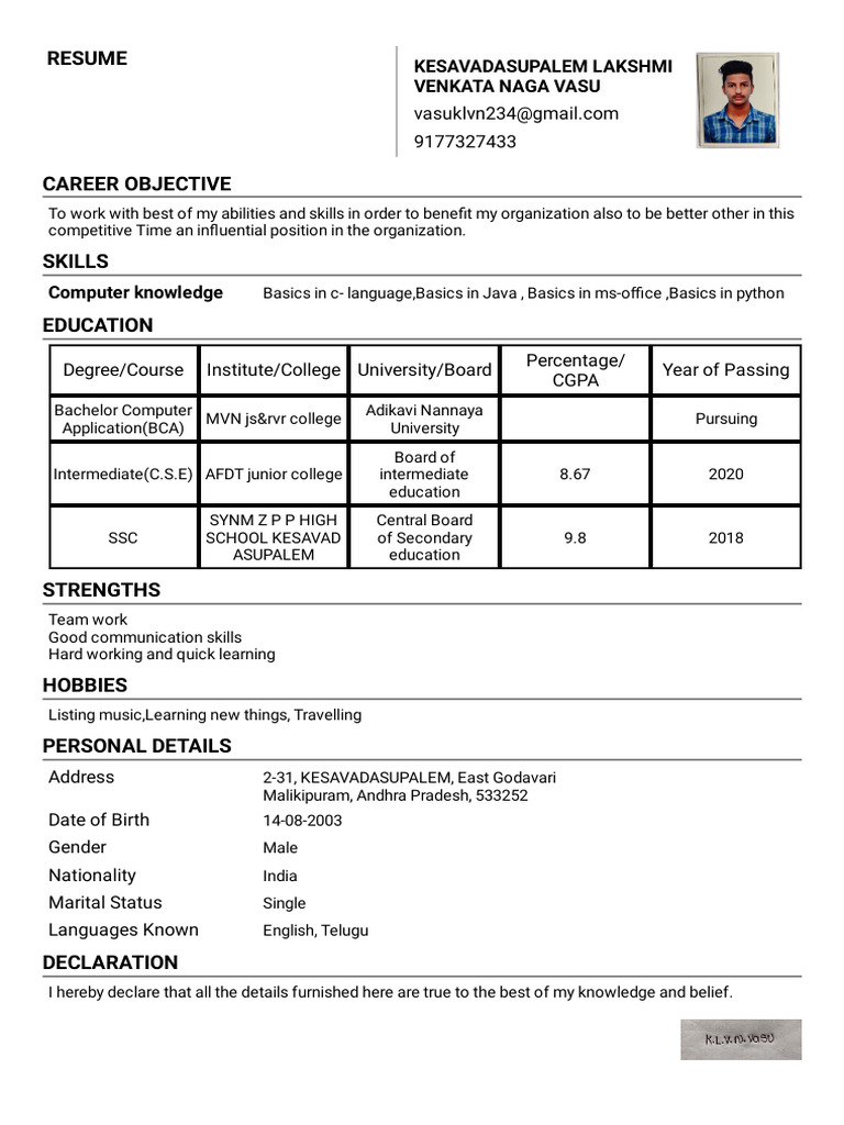 Resume K.l.v.n.vasu Format1 | PDF