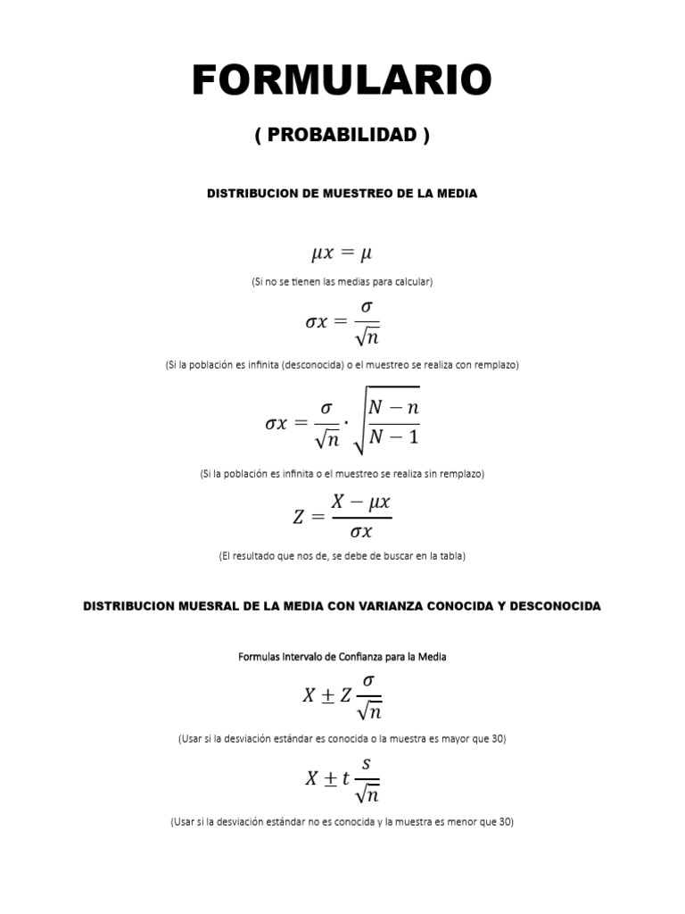 Formulario de Probabilidad | PDF | Desviación Estándar | Muestreo (Estadísticas)
