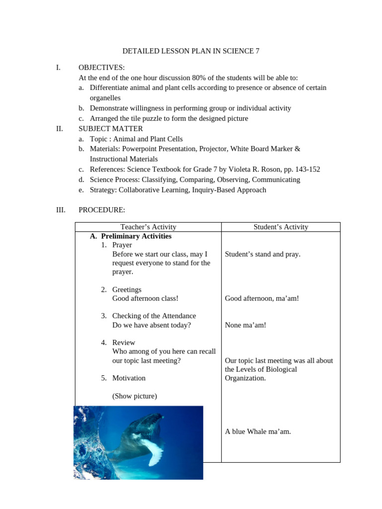 DETAILED LESSON PLAN IN SCIENCE 7 | PDF | Cell (Biology) | Organelle