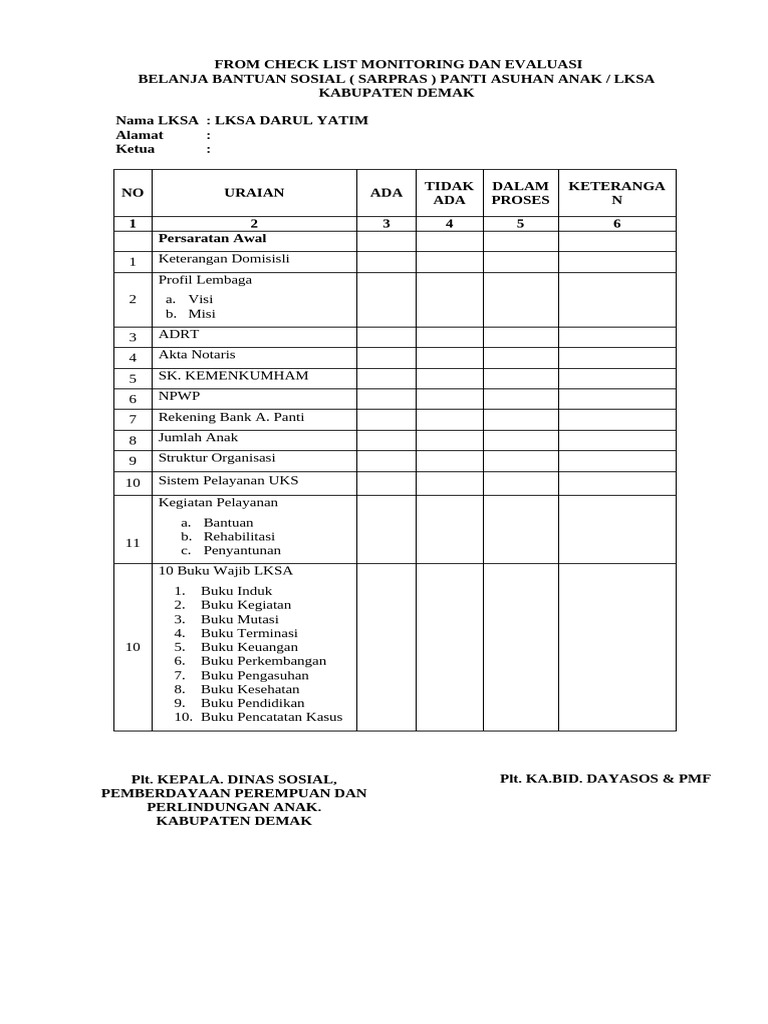 From Check List Monitoring Dan Evaluasi Bansos Sarpras | PDF