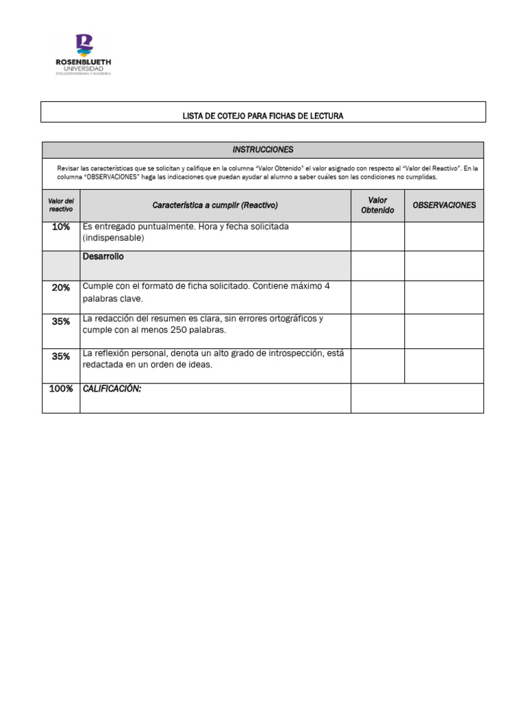 Lista de Cotejo para Fichas de Lectura | PDF