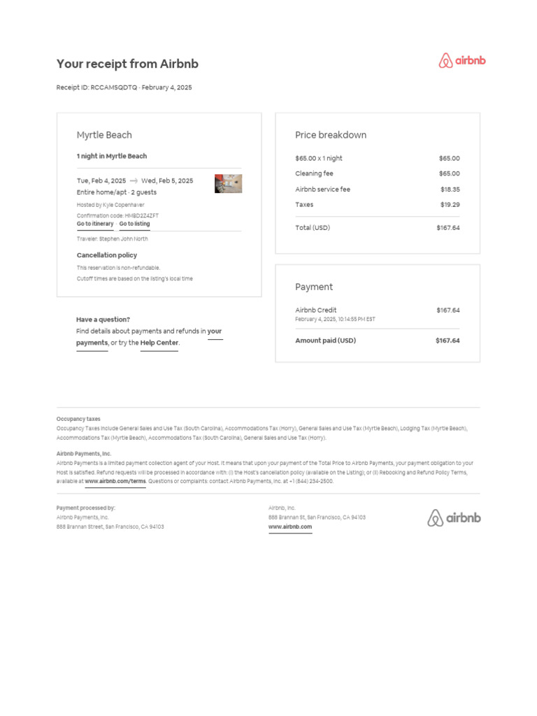 Receipt Rccamsqdtq 1 | PDF | Airbnb | Payments