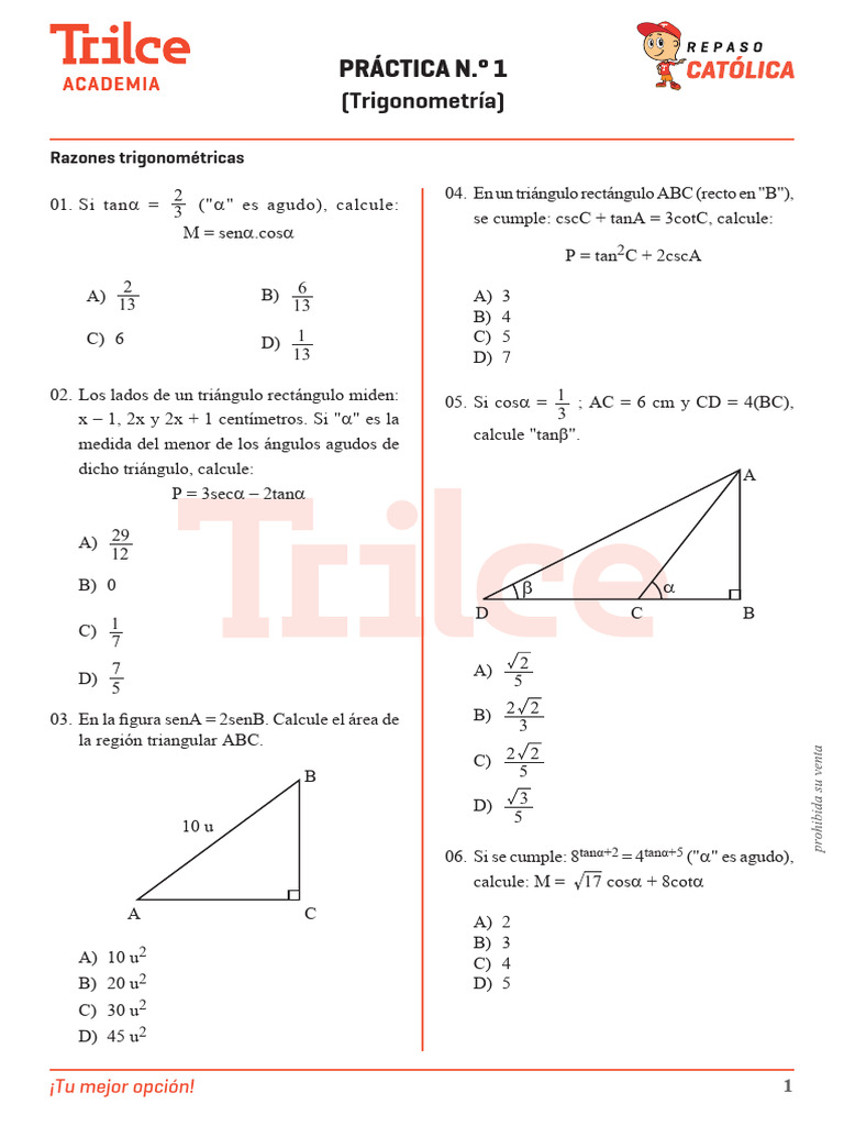 PRÁCTICA-TRIGONOMETRÍA-sem 1-CAT Repaso 2024 | PDF | Triángulo ...