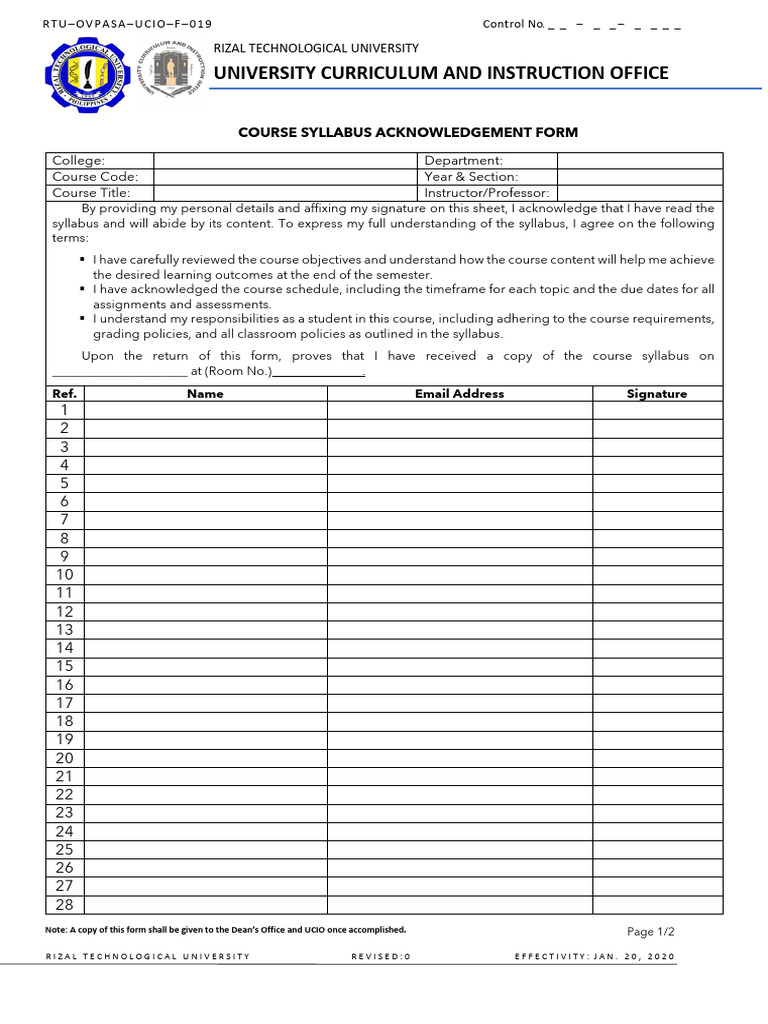 FORM-019-COURSE-SYLLABUS-ACKNOWLEDGEMENT-FORM-1 | PDF | Curriculum ...