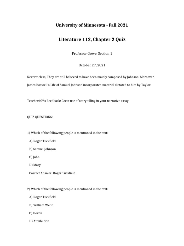 Literature 112 Quiz - Fall 2021 | PDF