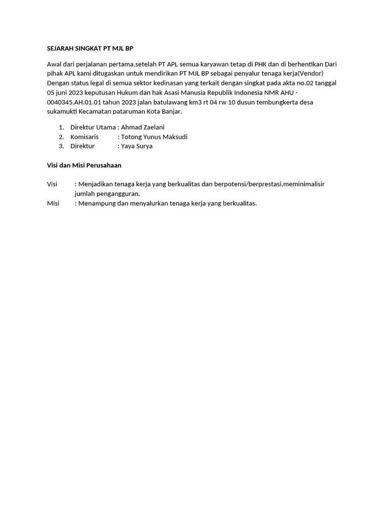 Sejarah Singkat PT MJL BP | PDF