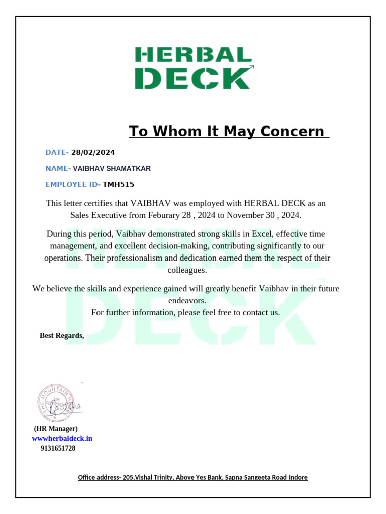 Experience Certificate Vaibhav Shamatkar2-1 | PDF