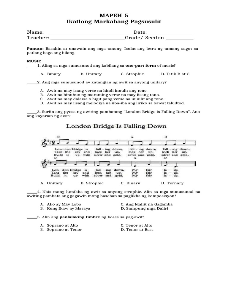 MAPEH Grade 5 Q3 PT | PDF