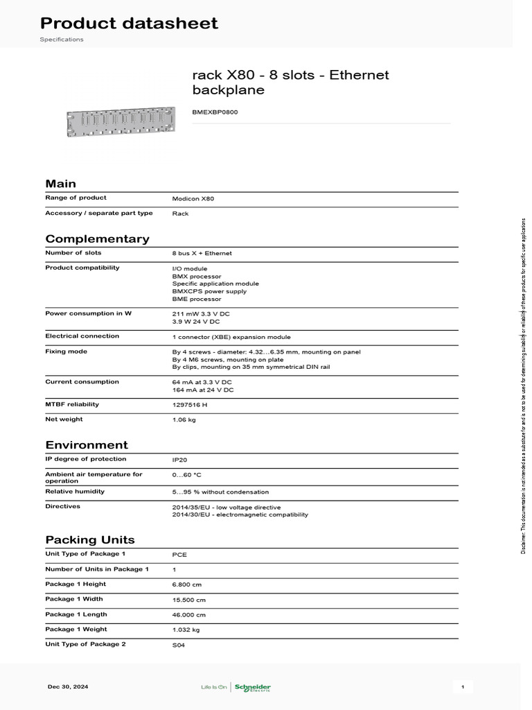 BMS Modicon M580 PLC BMEXBP0800 Specification Sheet | PDF ...