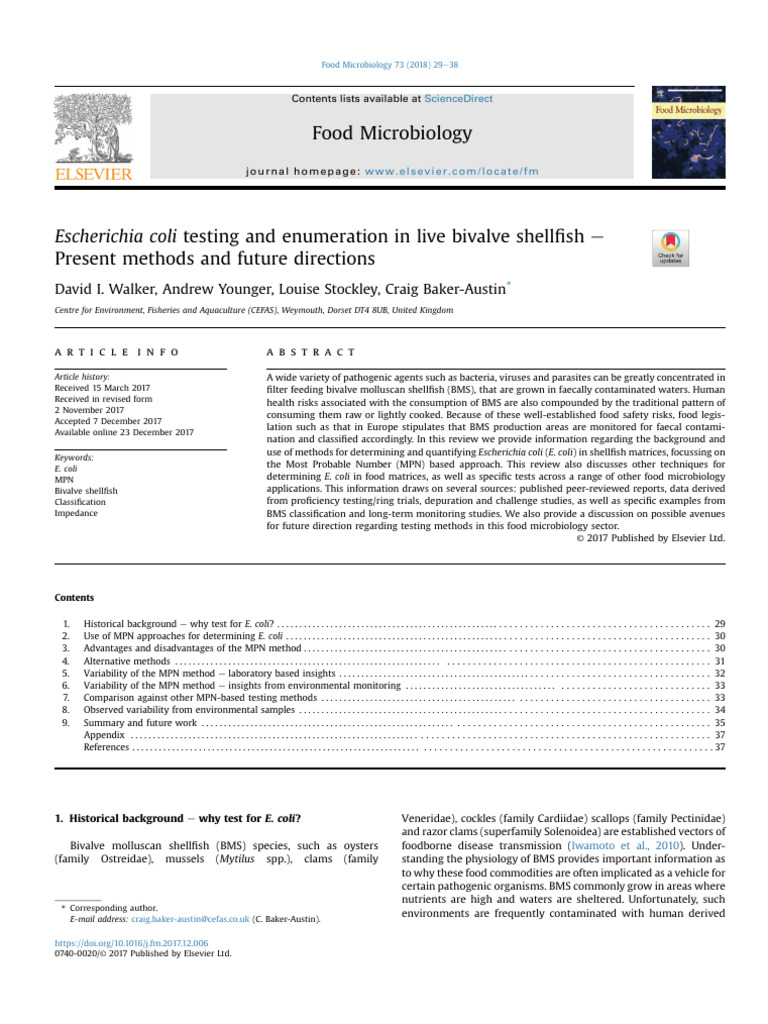 Walker 2018 Escherichia Coli Testing and Enumeration in Live Bivalve ...
