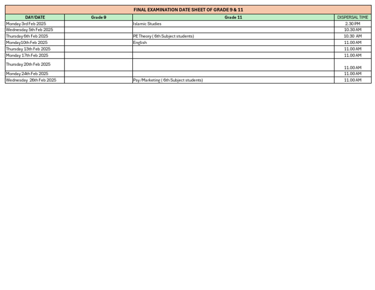 Grade 9 And11 Final Exam Date Sheet Updated | PDF