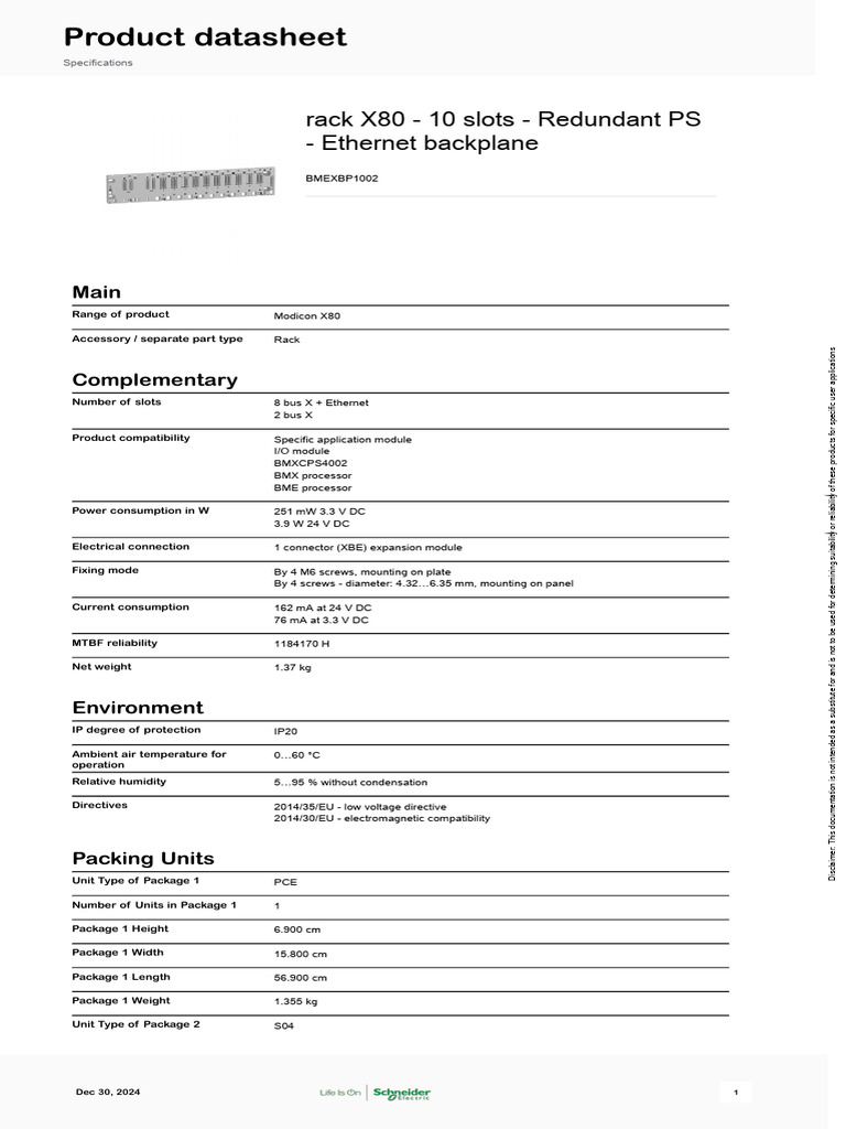 BMS Modicon M580 PLC BMEXBP1002 Specification Sheet | PDF ...