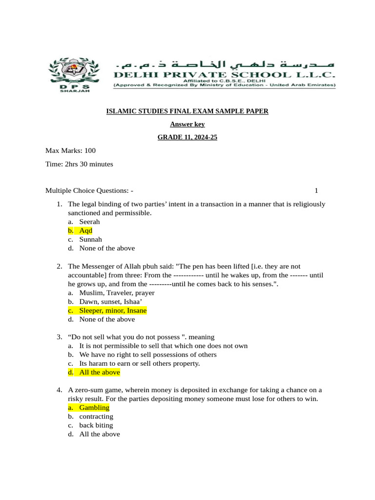 SAMPLE PAPER Answer Key, Grade 11 | PDF | Muhammad | Medina