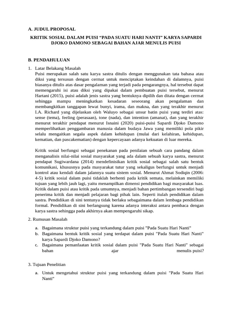 Proposal Penelitian Kritik Sosial Dalam Puisi "Pada Suatu Hari Nanti" Karya Sapardi Djoko Damono ...