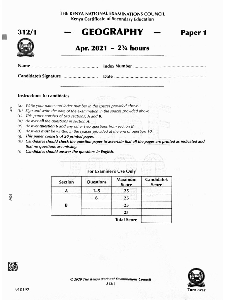Kcse 2020 Geography Paper 1 - 1618331390 | PDF