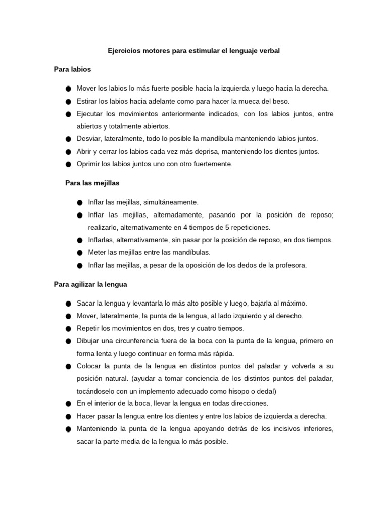 Ejercicios motores para estimular el lenguaje verbal | PDF