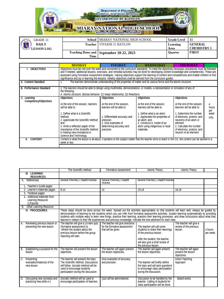 GEN CHEM 1 DLL - 4th week | PDF | Learning | Teachers