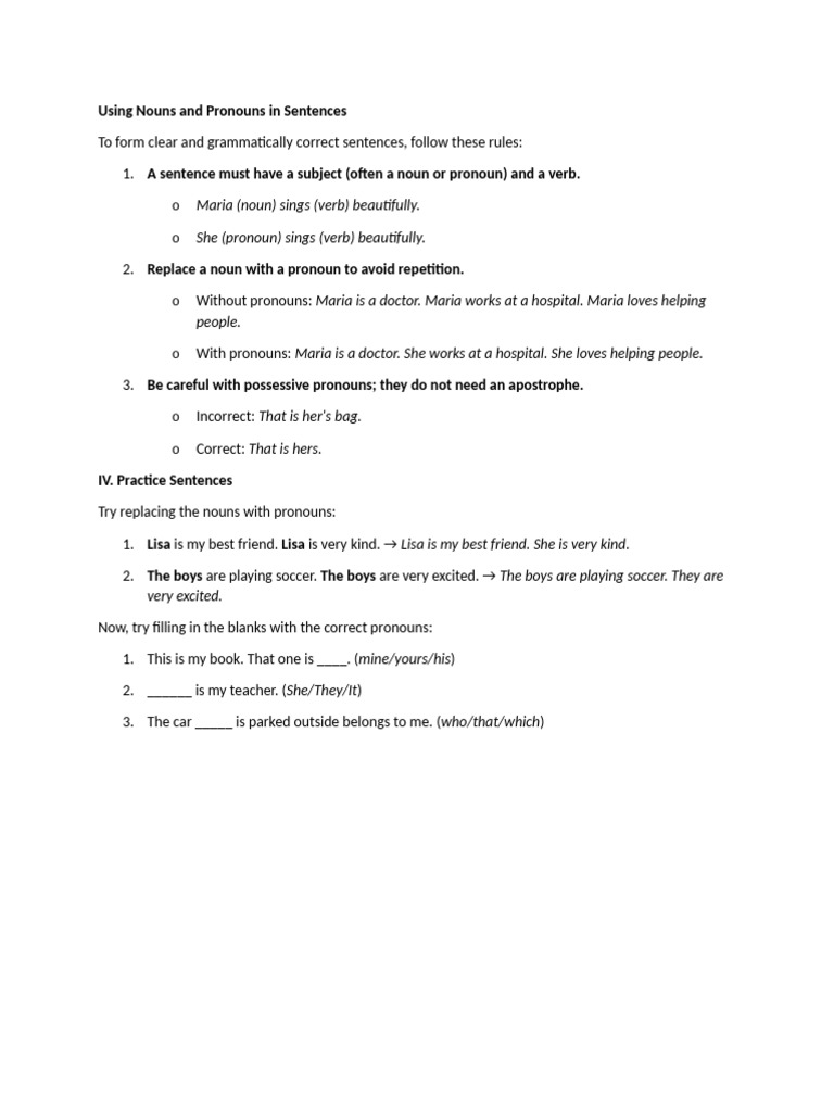 Using Nouns and Pronouns in Sentences | PDF