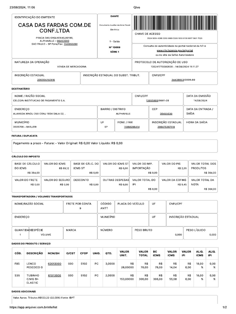 Casa Das Farda 08.2024 - NF 10669 | PDF