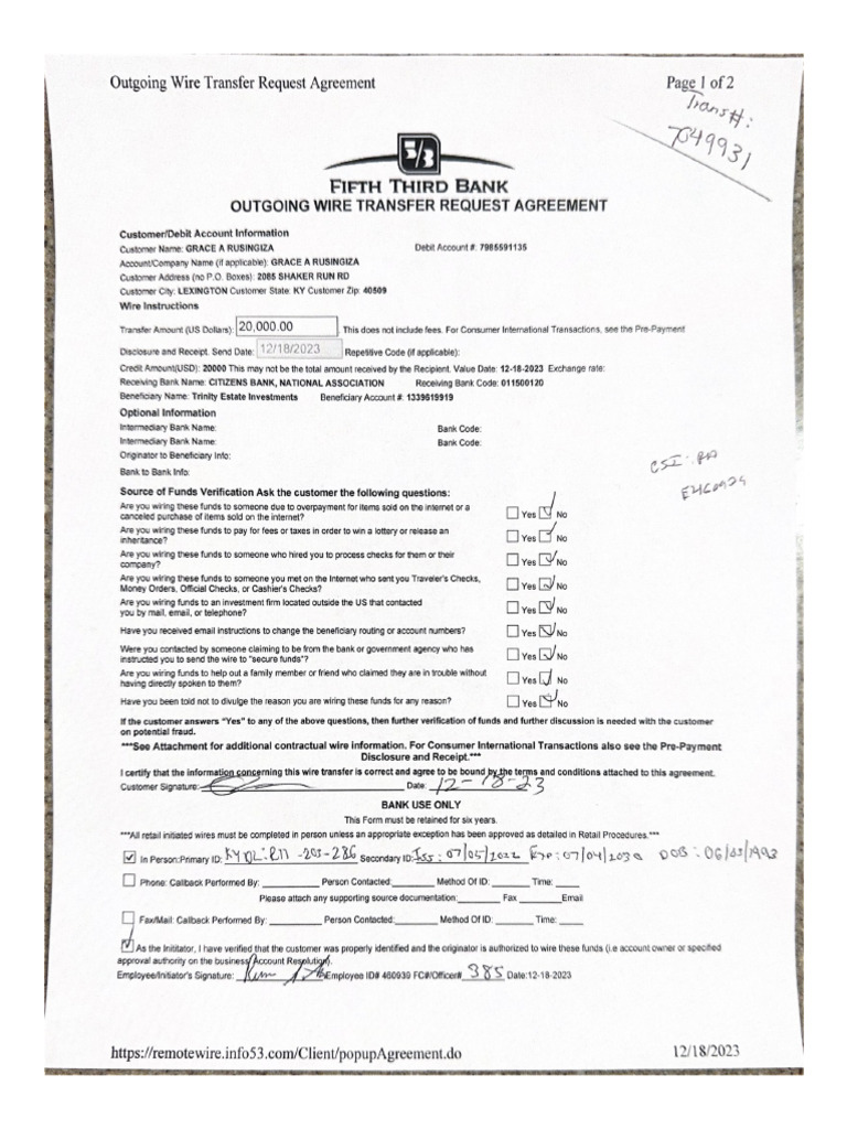 Outgoing Wire Transfer Request Agreement | PDF