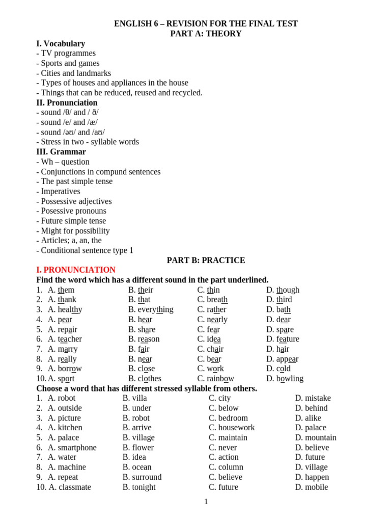 English 6 Final Test Revision Guide | PDF | Lunch