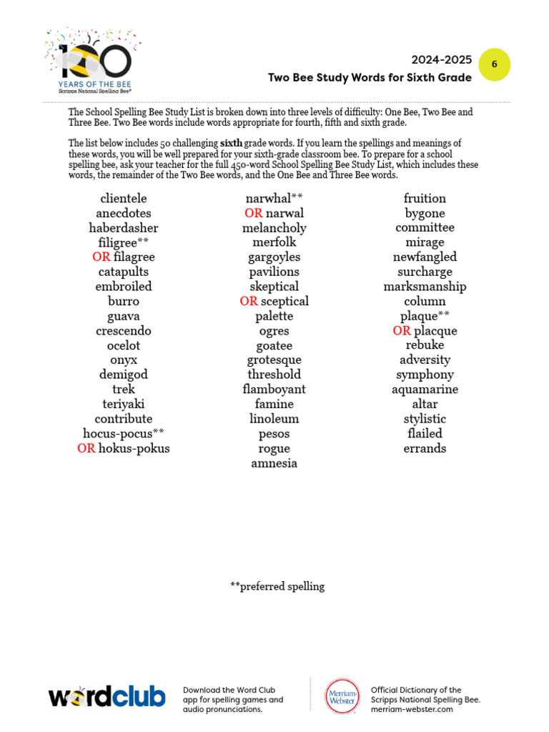 6th Grade Spelling List 2024-25 | PDF | Orthography | Spelling