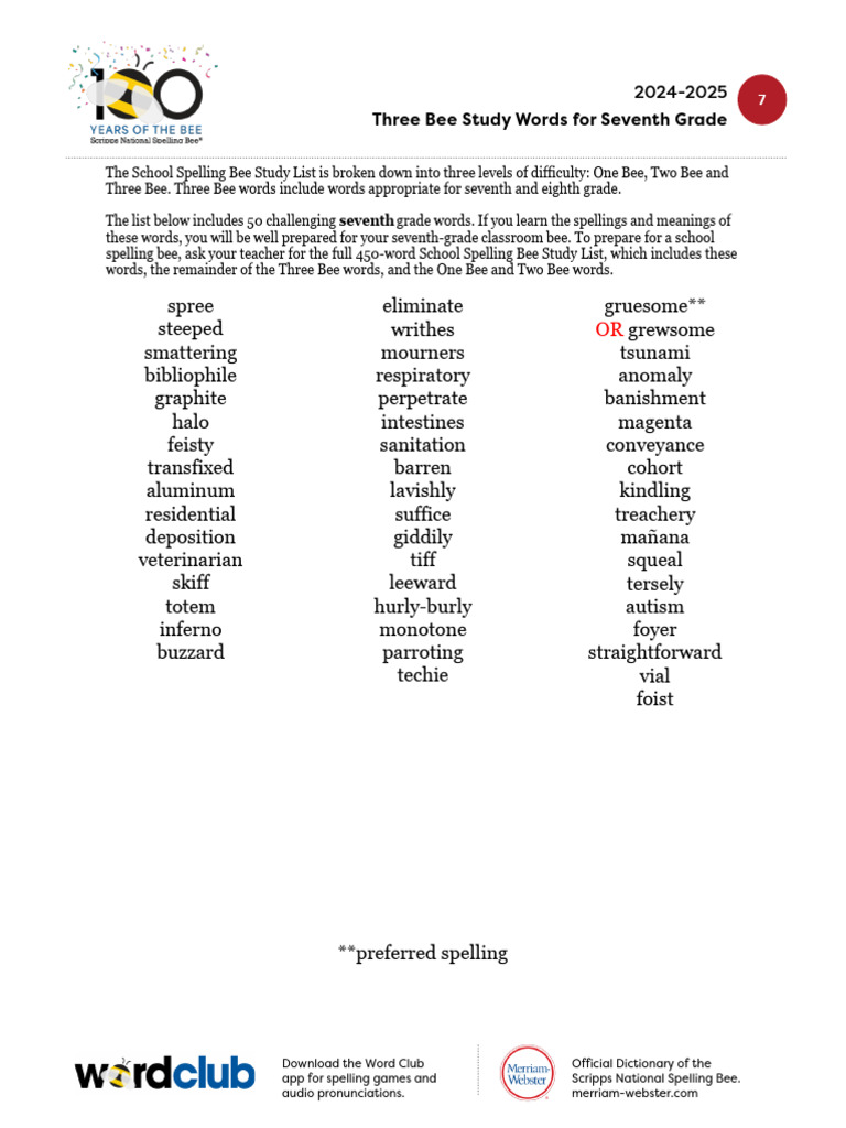 7th Grade Spelling List 2024-25 | PDF | Orthography | Spelling
