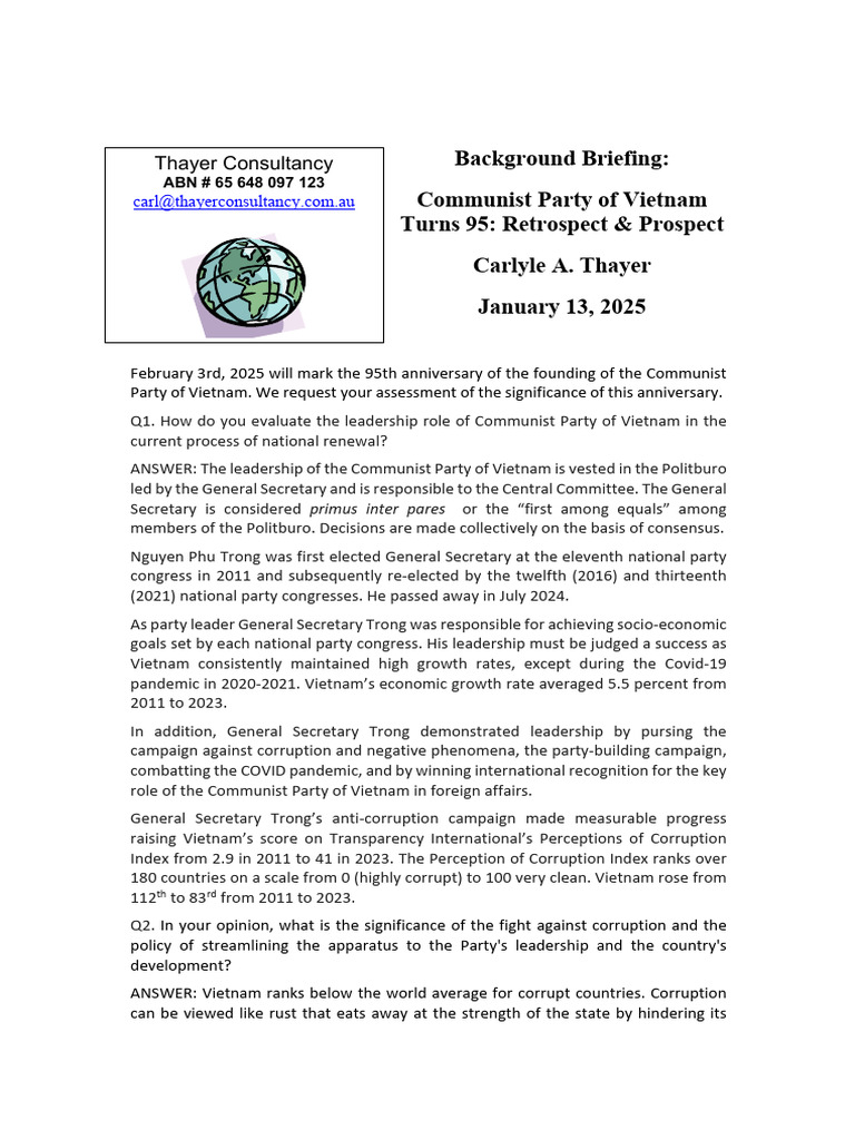 Thayer Communist Party of Vietnam Turns 95 - Retrospect & Prospect | PDF | Vietnam | Corruption