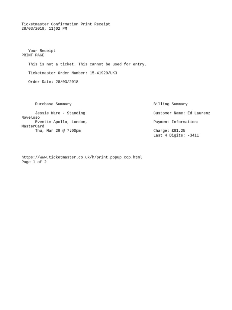 Ticketmaster Confirmation Print Receipt | PDF