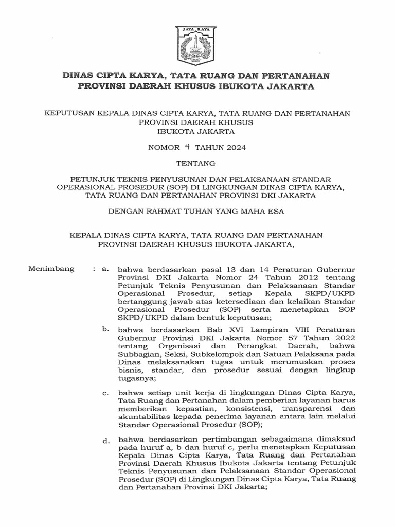 SK Kadis No. 4 Tahun 2024 Tentang Petunjuk Teknis Penyusunan Dan Pelaksanaan SOP | PDF