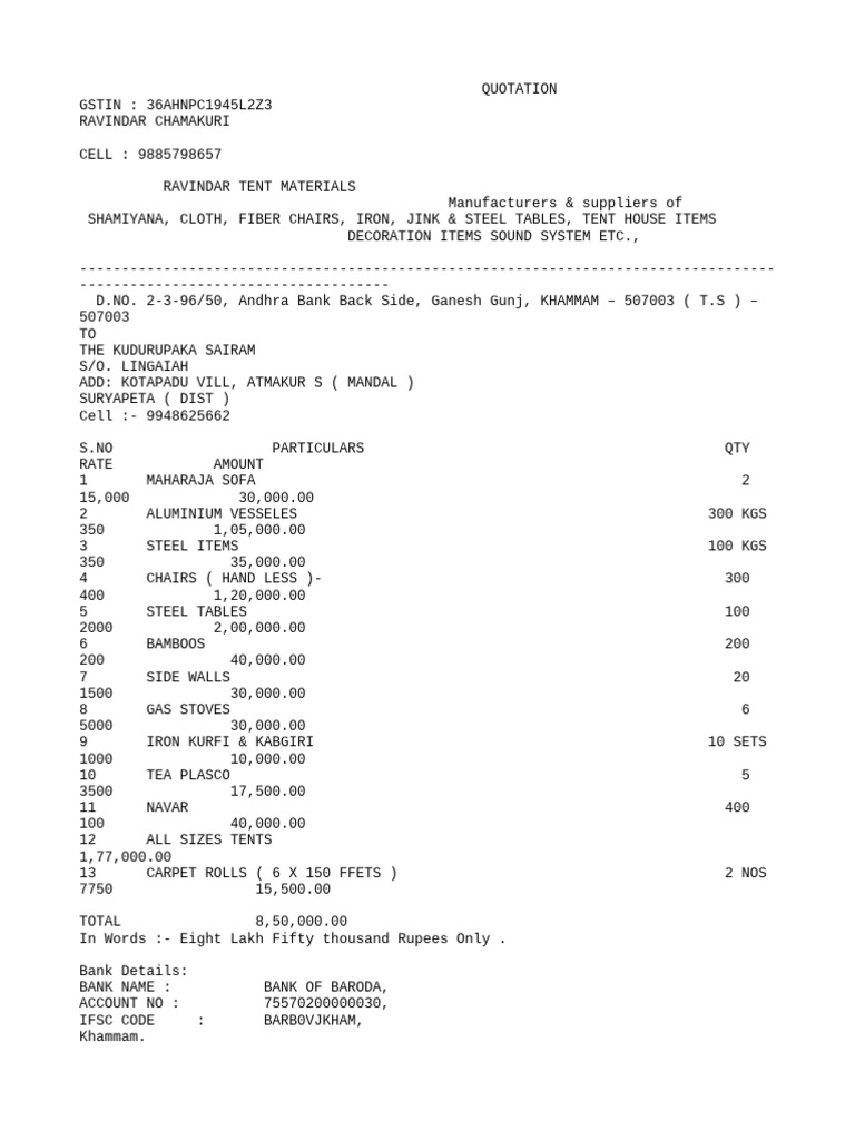 Tent House Quotation and Price List | PDF | Textiles | Materials