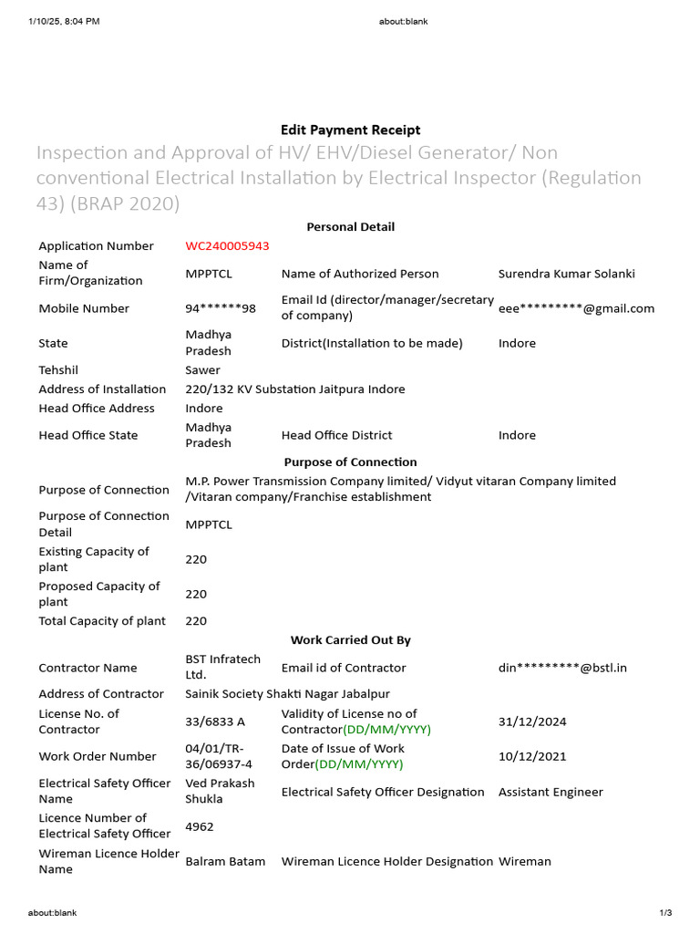 MPPTCL Payment Receipt for Electrical Installation | PDF