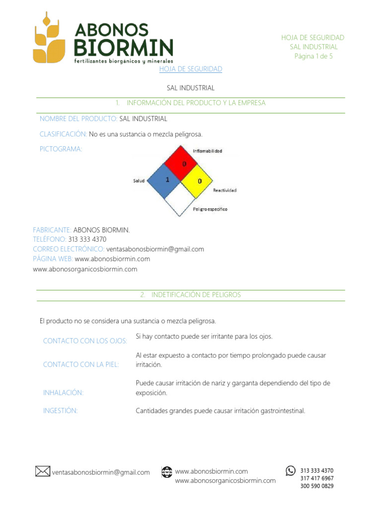 Hoja de Seguridad Sal Industrial 2024 | PDF | sal | Agua