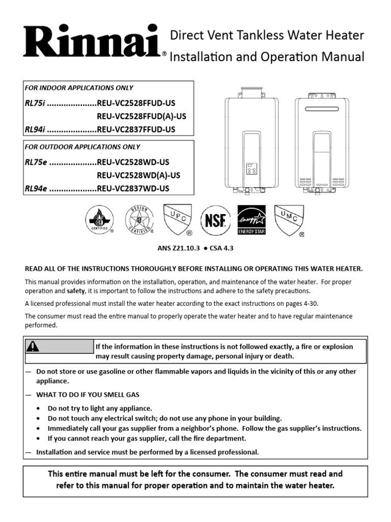 Rinnai Tankless Water Heater Manual | PDF | Pipe (Fluid Conveyance ...