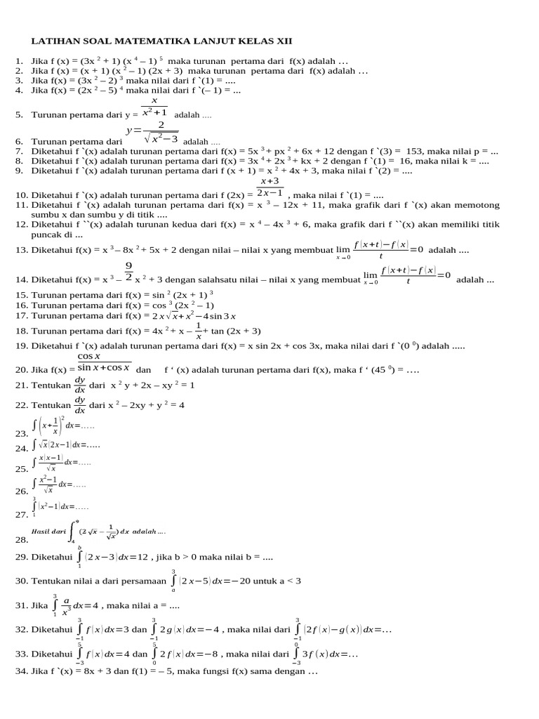 LATIHAN SOAL MATEMATIKA LANJUT KELAS XII Tahun 2024 | PDF
