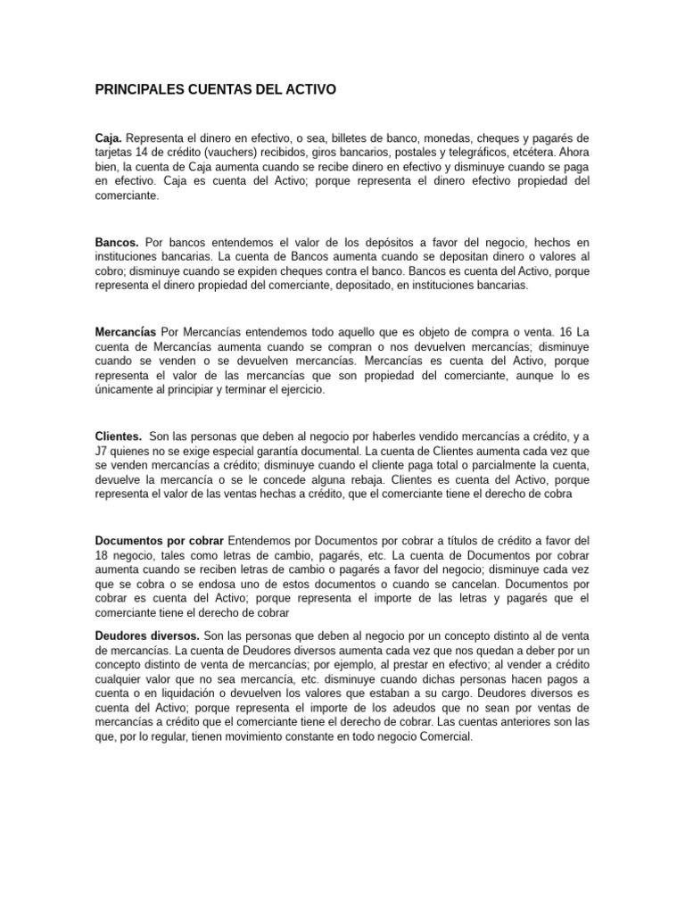Principales Cuentas Del Activo | PDF | Bancos | Dinero