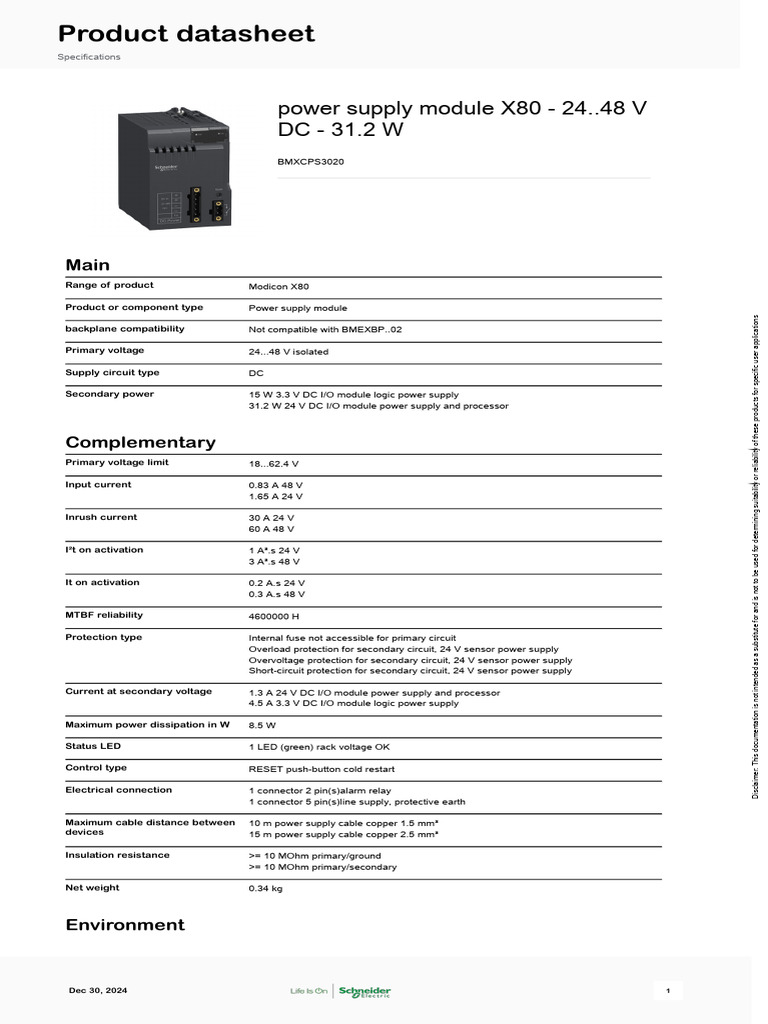 BMS Modicon M580 PLC BMXCPS3020 Specification Sheet | PDF | Power ...