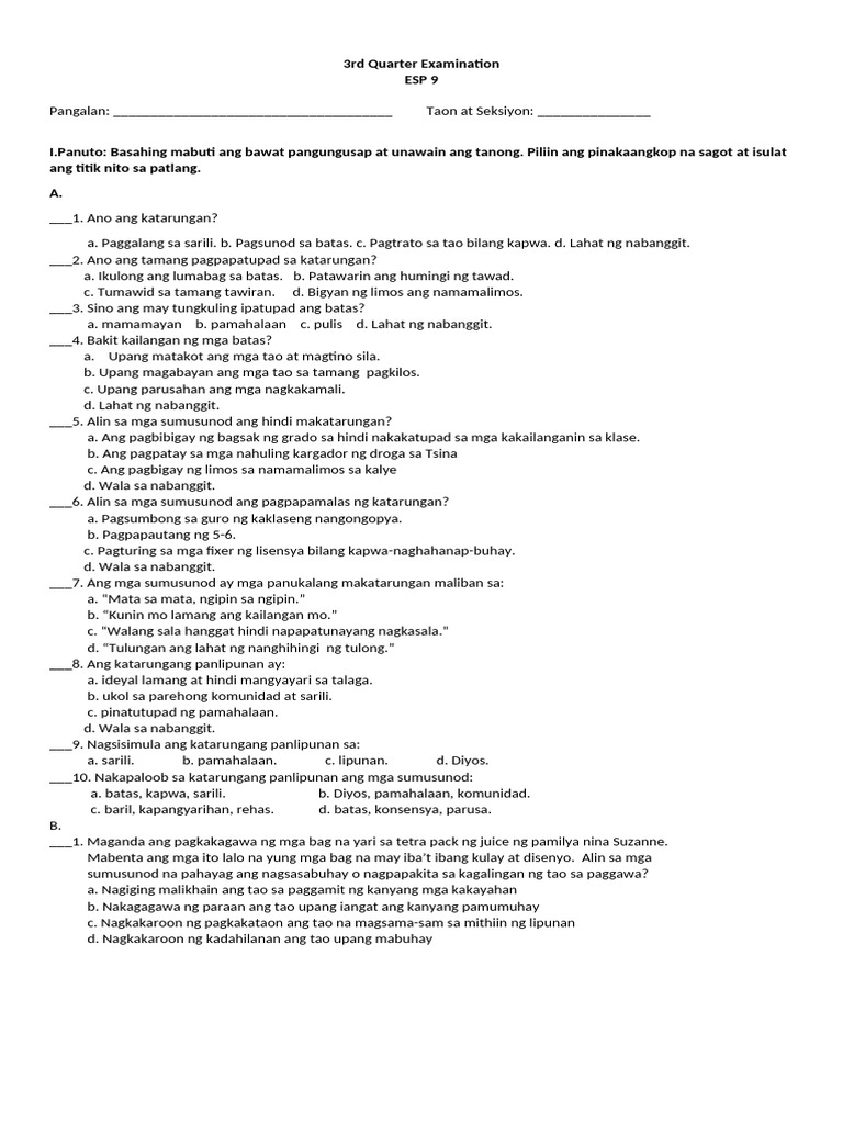 ESP 9 3rd Quarter Exam SY 2016 2017 | PDF