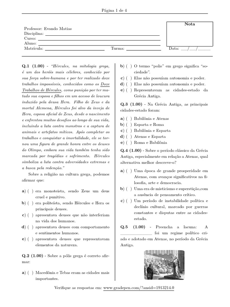 PROVA -HISTÓRIA-4º BIMESTRE-6 ANO | PDF | Grécia Antiga | Grécia