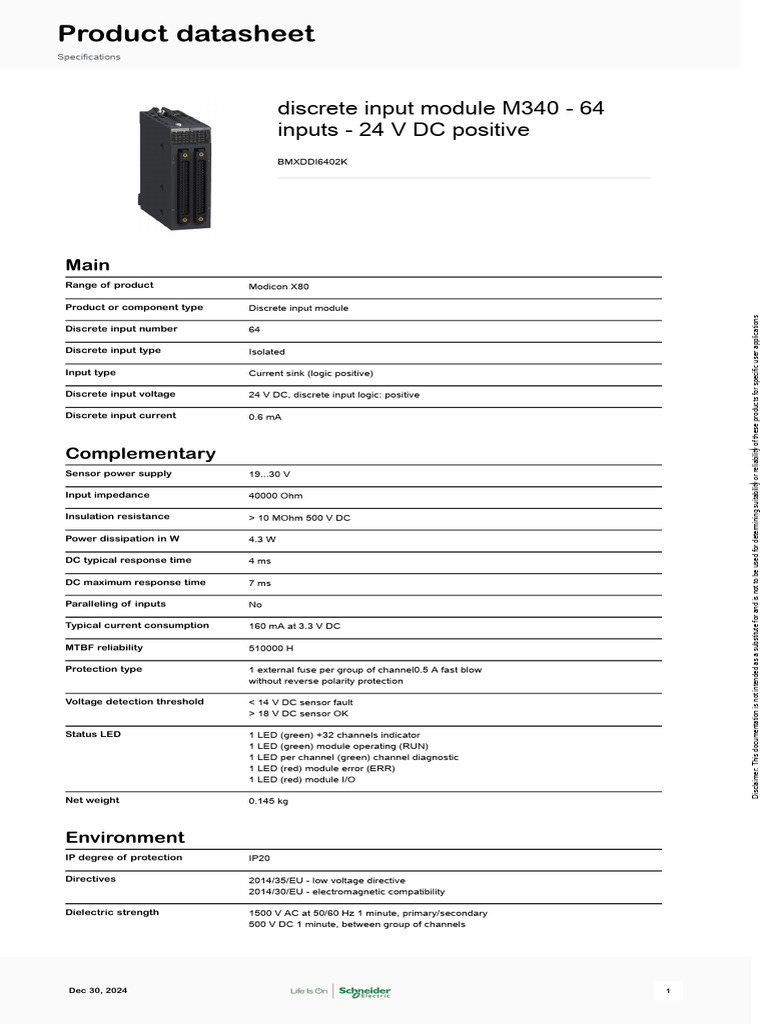 BMS Modicon M580 PLC BMXDDI6402K Specification Sheet | PDF ...
