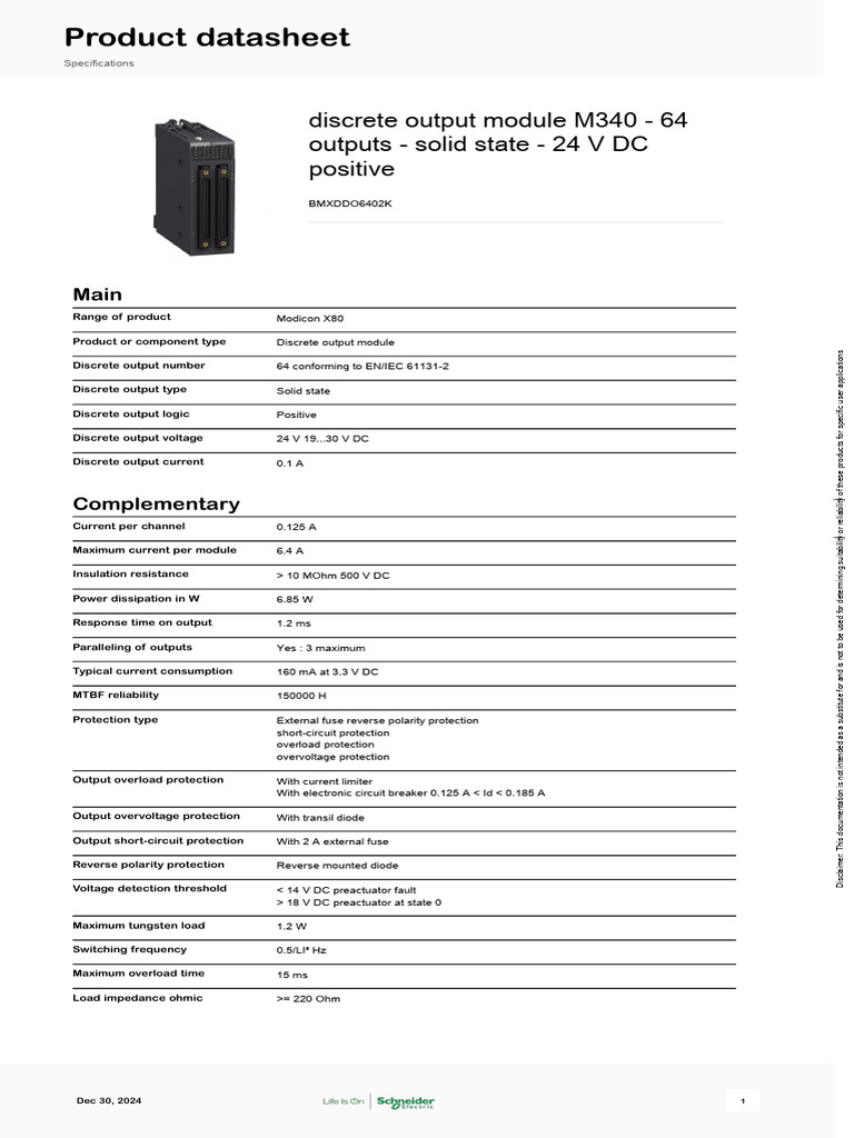 BMS Modicon M580 PLC BMXDDO6402K Specification Sheet | PDF | Power Supply | Programmable Logic ...