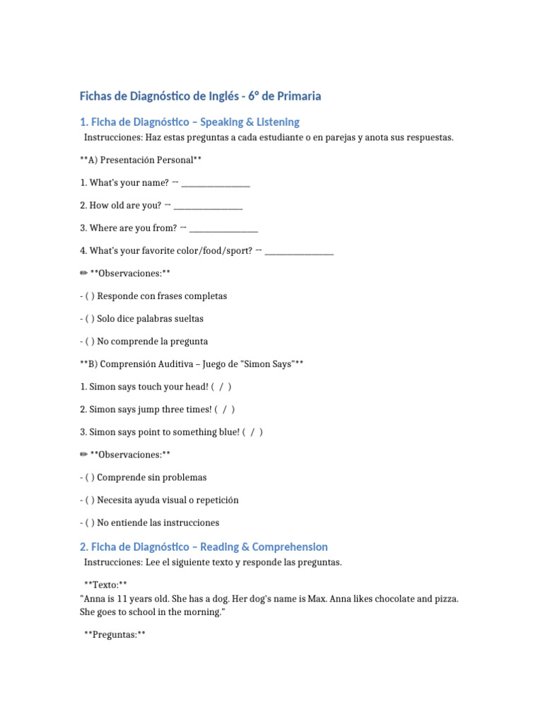 Fichas Diagnostico Ingles 6to | PDF