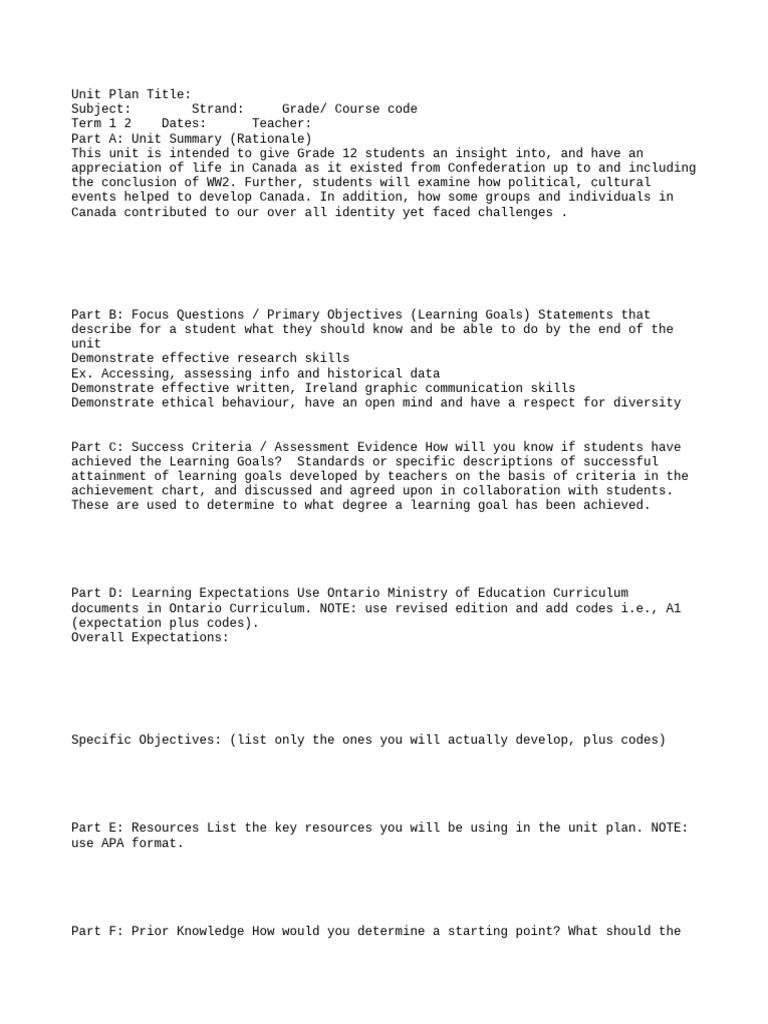 CONT794 - Unit Plan Template - Final | PDF | Educational Assessment ...