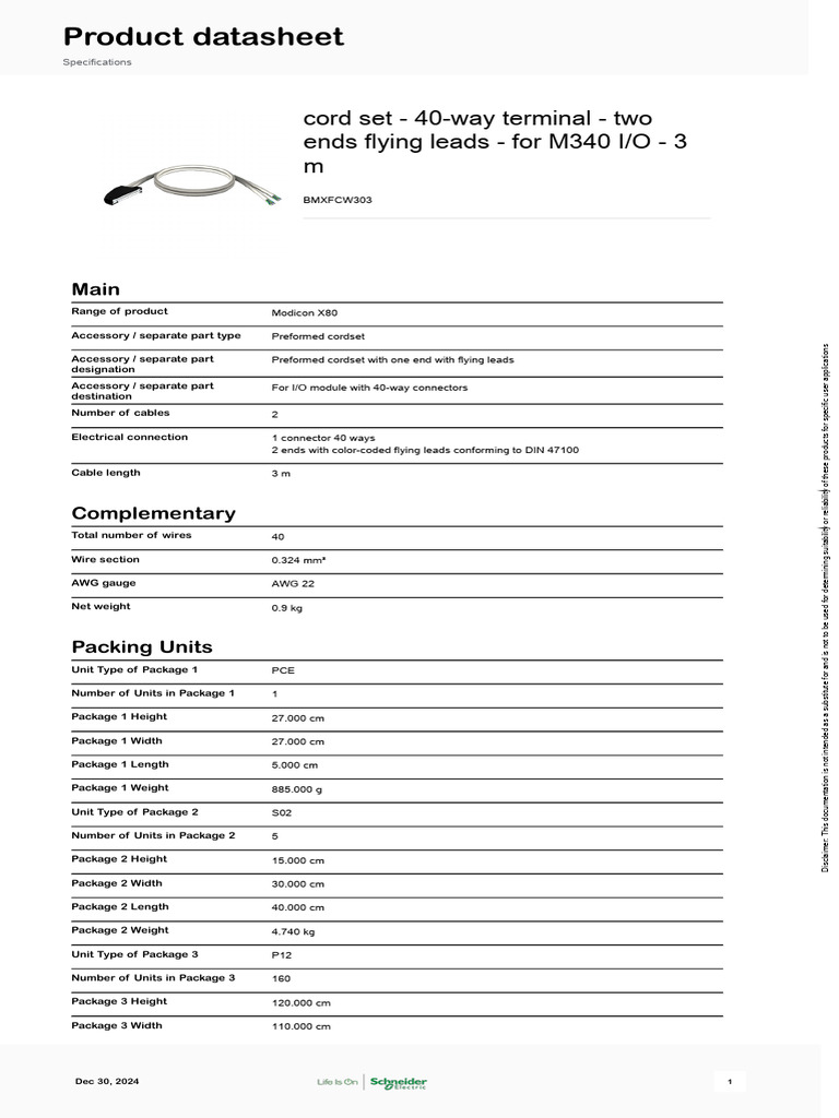 BMXFCW303 Cord Set Datasheet | PDF | Electrical Connector