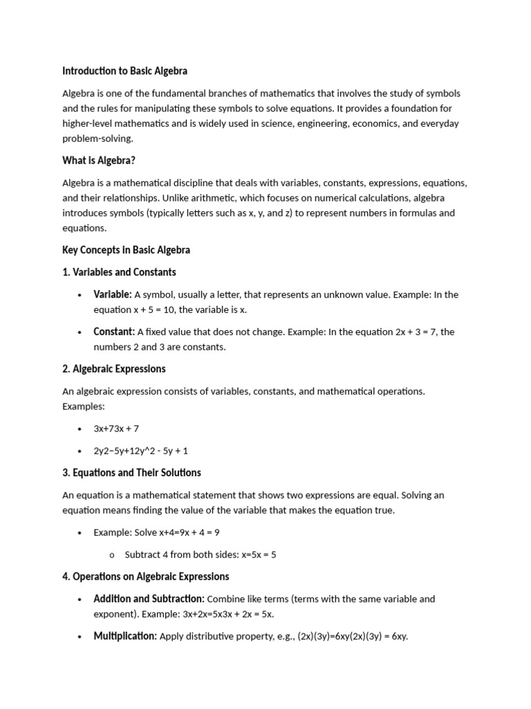 Basic Algebra Concepts Explained | PDF | Algebra | Equations
